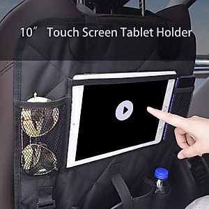 MDSTOP Car Seat Organizer with Kick Mats, Universal Seat Protector for Vehicle Travel Accessories with 14 Storage Pockets and 10” Touch Screen Tablet Holder (Black1(L), 16.4" x 24.3")