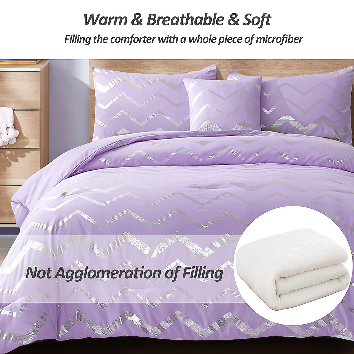 Menghomeus Purple/Silver Comforter Set Twin Lavender Metallic Print Glitter Bed Comforter Cute Shinny Christmas Bedding for Teen Girls Kids Women, 3 Piece (1 Pillowcase, 1 Decorative Pillow Sham)