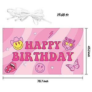 AellasNervalt Preppy Birthday Party Backdrop Hot Pink Smiling Face Lip Butterfly Banner Extra Large Y2k Happy Birthday Background Banners Photo Booth Prop Decor Supplies for Girls Party 6.6 x 3.8 ft