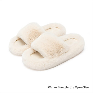 Chantomoo Women's Slippers Memory Foam House Bedroom Slippers for Women Fuzzy Plush Comfy Faux Fur Lined Slide Shoes Anti-Skid Sole Trendy Gift Slippers Beige Size7 8 6.5