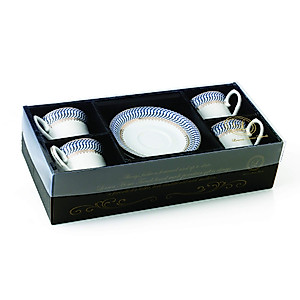 WORLD GIFTS Elegant Durable and Colorful Porcelain Tea-Coffee Cups and Saucers Set - Blue and Gold, 8 oz. Set of 4