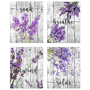 Purple Bathroom Decor Wall Art Set of 4(8" x 10"Canvas Wall Art Relax Soak Unwind Breathe Purple Blend Bathroom Flower Prints For Washroom Toilet Decor (Unframed)