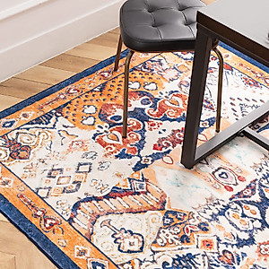 Phantoscope Hallway Runner Rug 2'x6' - Boho Washable Non-Slip Kitchen Rug Runner, Ultra-Thin Vintage Distressed Accent Throw Rug for Entryway Laundry Bathroom Bedroom, Navy/Orange