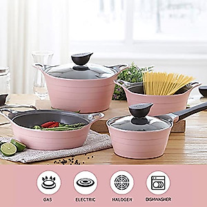 Neoflam Eela 7pc Ceramic Coated Nonstick Cookware Pots&Pan Set with Saucepan, Frying Pan, Casserole Stockpot, Glass Lids, Silicone Hot Handle Holder Included, 7-Piece,Pink