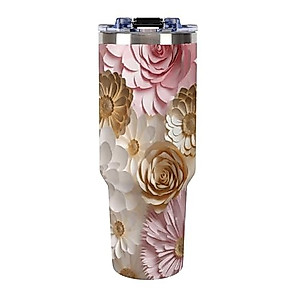 NVBSKKDH Pink White Gold Flowers 40 Oz Stainless Steel Tumbler with Handle & Straw Double-Walled Vacuum Insulated Travel Mug for Hot/Cold Drinks, Reusable Thermal Cup for Car Cup Holder