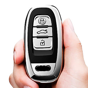 Tukellen for Audi Key Fob Cover Case,Premium Soft TPU 360 Degree Full Protection Key Shell Key Case Compatible with Audi R8 Q5 Q7 S3 S4 S5 S6 S7 S8 SQ5 RS5 RS7 A4 A5 A6 A7 A8 Keyless Entry (Silver)