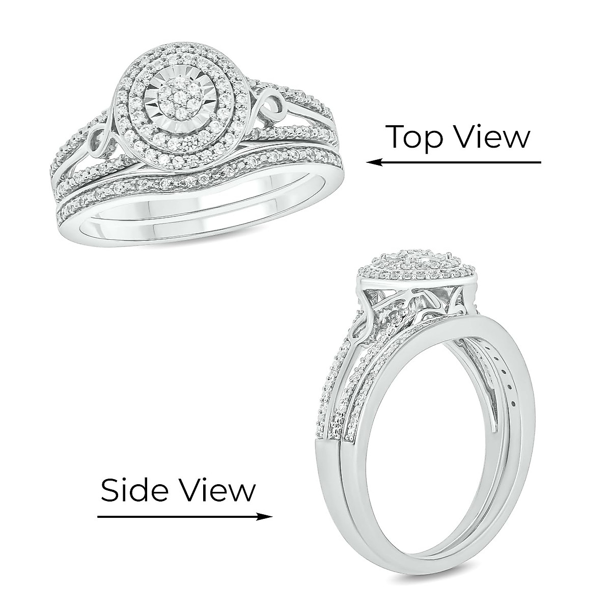 Cali Trove, 1/4cttw Diamond Round Cluster Double Halo Engagement Ring with Matching Diamond Wedding Band for Women in 925 Sterling Silver, Women's Silver Wedding Ring Set with Diamond Accented Bands,7