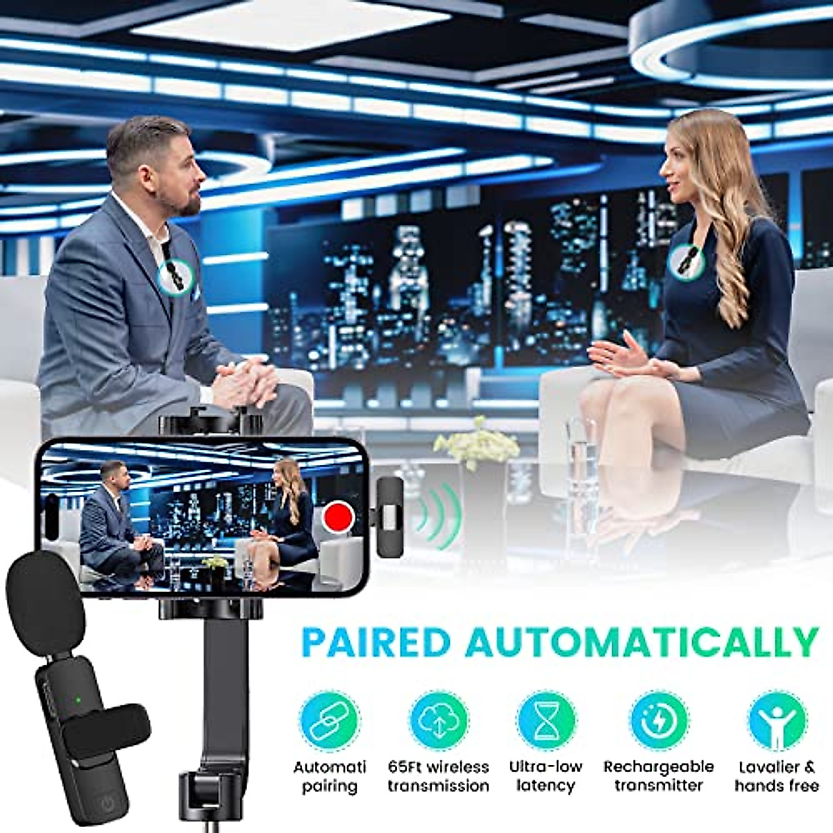 EJCC 2 Pack Wireless Microphone for iPhone iPad, Mini Wireless Clip-on Microphones for iPhone Video Recording, YouTube, Interview, TikTok, Vlog