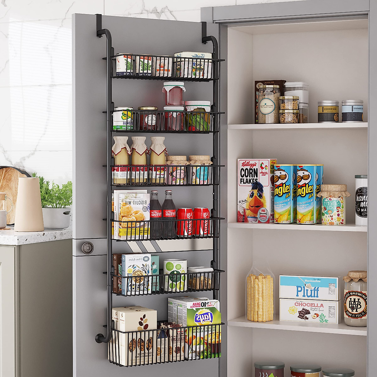 COVAODQ 6-Tier Pantry Door Organization and Storage Over the Door Pantry Organizer Metal Hanging Kitchen Spice Rack Can Organizer