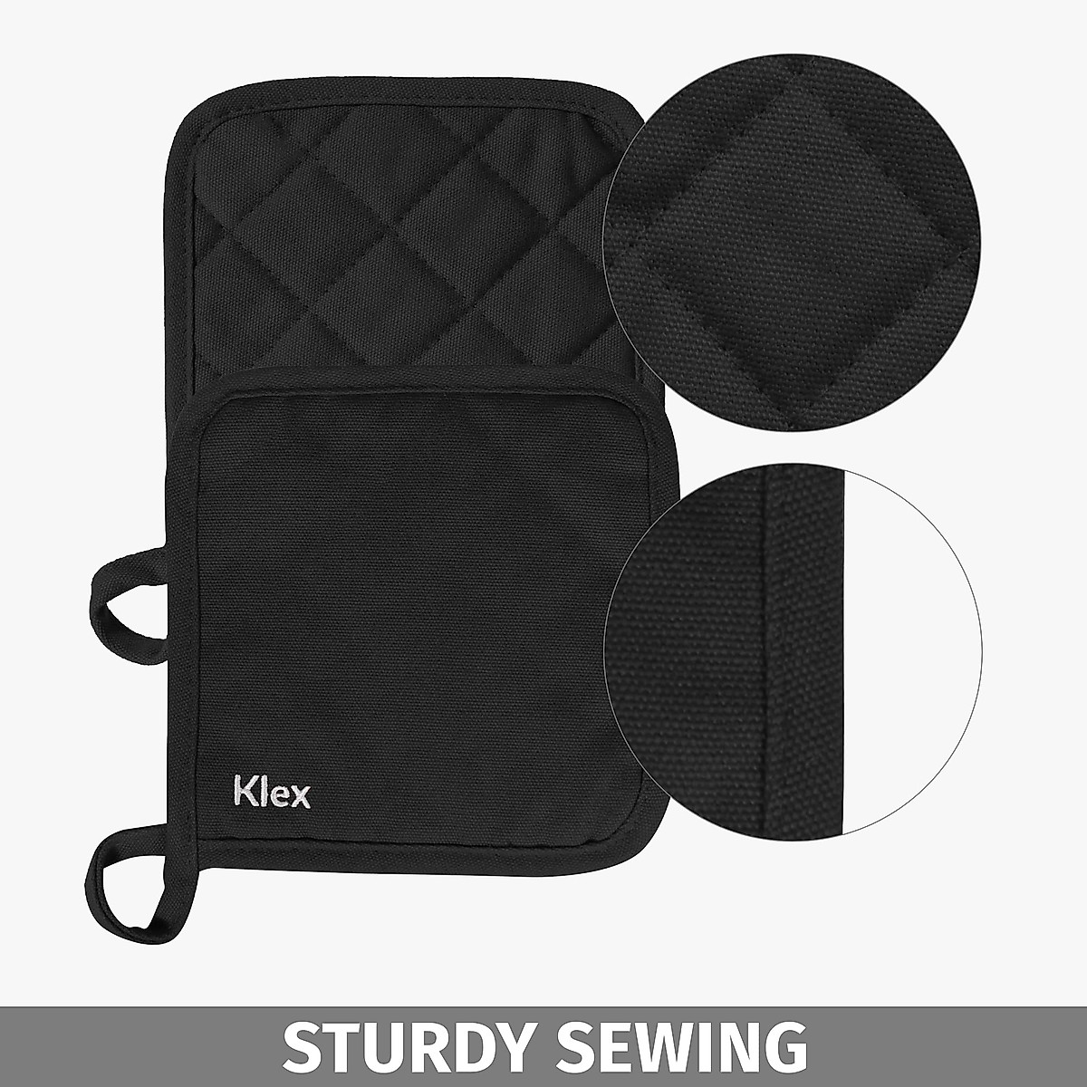 KLEX 4pcs 100% Thick Cotton Potholders for Oven Cooking and Baking, Durable 330GSM Hot Pads, Up to 482°F Degrees Heat Resistance Pot Holder, Heavy-Duty Cotton Canvas, Black