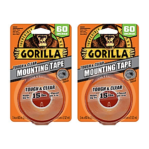Gorilla Tough & Clear, Double Sided Mounting Tape, Weatherproof, 1" x 60", Clear, (Pack of 2)