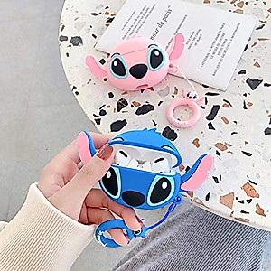Compatible with Stitch AirPods Case 1/2, Protective Silicone Cute Funny Kawaii for Stitch AirPods Case, Kids Teens Boys Girls Cartoon 3D Cover for AirPods Case Stitch with Ring (Big Ear Blue Stitch)