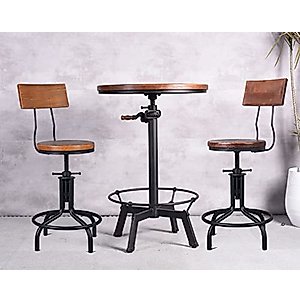 Topower Three-Piece Bar Table and Chair Set Height Adjustable Pub Table and Industrial Dining Breakfast Chair Metal Bar Stool with Wood Backrest Black (1 Table + 2 Chairs)