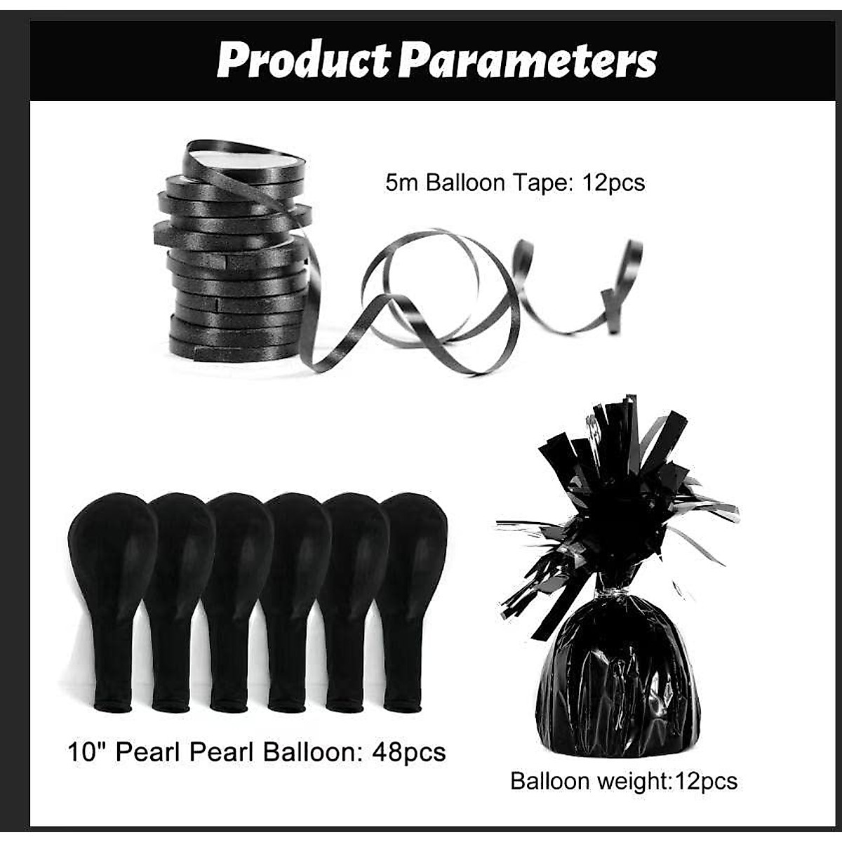 Balloon Weights Balloons & Ribbons - Balloon weights pack of 12 - Black Curling ribbon 12 rolls - 48 Black balloons - Black party decorations Black Ballons ribbon party favor birthday decor (Black)