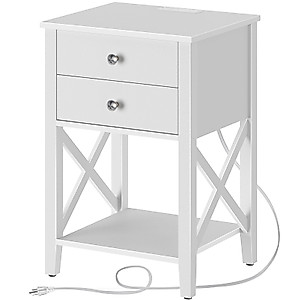 Rolanstar Nightstand with Charging Station, Night Stand with 2 Drawers, 2 AC and USB Power Outlets, Accent Bed Side Table with Storage Shelf for Bedroom, White