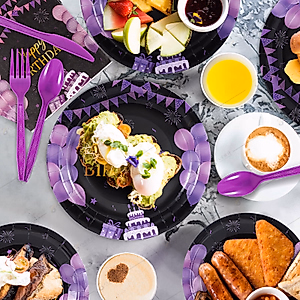 168 Pcs Purple and Black Birthday Party Supplies Tableware Set Party Plates, Knife,Forks,Spoons, Cups and Napkins Table Decorations for Women Girls Birthday Party Decorations, 24 Guests