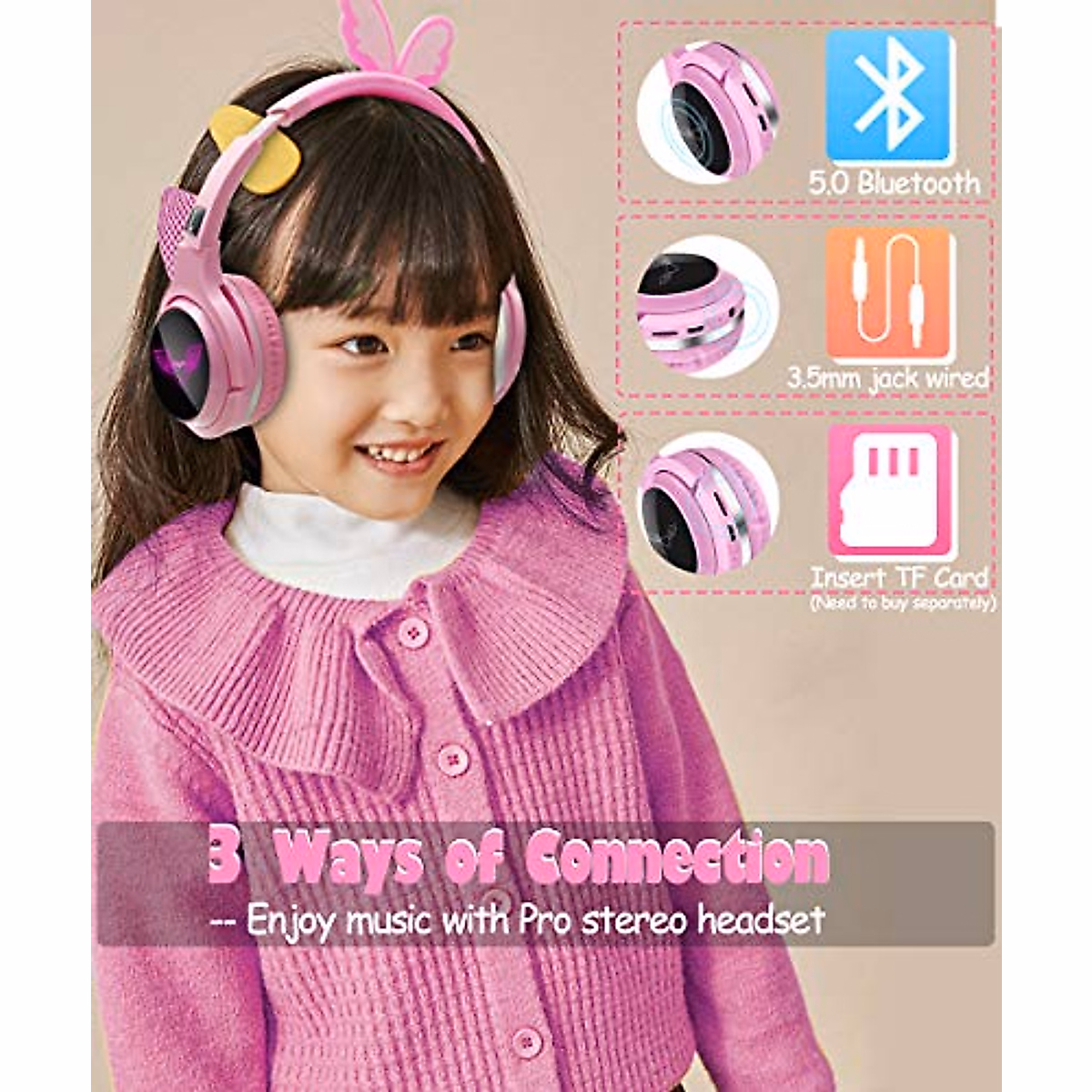 Wireless Headphones for Boys,Girls,Women,Kids,Teens Pink Bluetooth Headset for Smartphones/iPhone/iPad/Laptop/PC/TV Children Over Ear Gaming Headset with Mic&LED Light&Foldable (Angel Wings Pink)