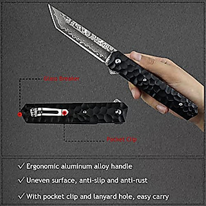 AUBEY Damascus Pocket Knife, Tanto VG10 Core Damascus Steel Folding Knives with Liner Lock, Ball Bearing, Aluminum Alloy Non-Slip Handle and Glass Breaker, EDC Damascus Knife for Men Women (Black)