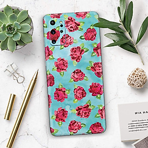 DesignSkinz Shabby Chic Flowers Over Aqua Watercolor Pattern Protective Vinyl Decal Wrap Skin Cover Compatible with The Samsung Galaxy S20 (Screen Trim & Back Glass Skin)