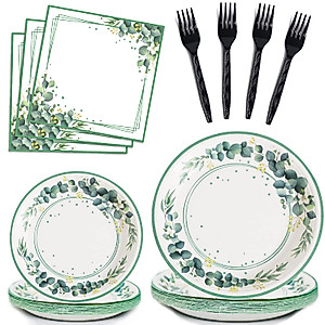 96 Pieces Sage Greenery Party Supplies Tableware Set Eucalyptus Leaf Jungle Theme Party Table Decorations Bridal Baby Shower Safari Birthday Wedding Paper Plates Napkins Forks for 24 Guests