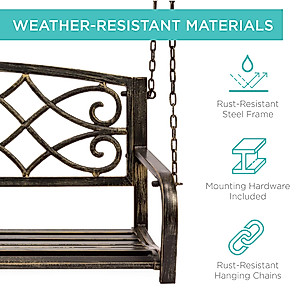 Best Choice Products 2-Person Metal Outdoor Porch Swing, Hanging Steel Patio Bench for Garden, Deck, Yard w/Weather-Resistant Steel, 485lb Weight Capacity - Bronze