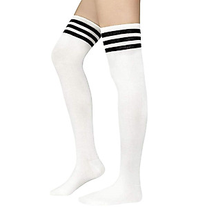 Century Star Women's Casual Athlete Striped Over Knee Thin Thigh High Tights Long Stocking Socks C 1 Pair White Black One Size