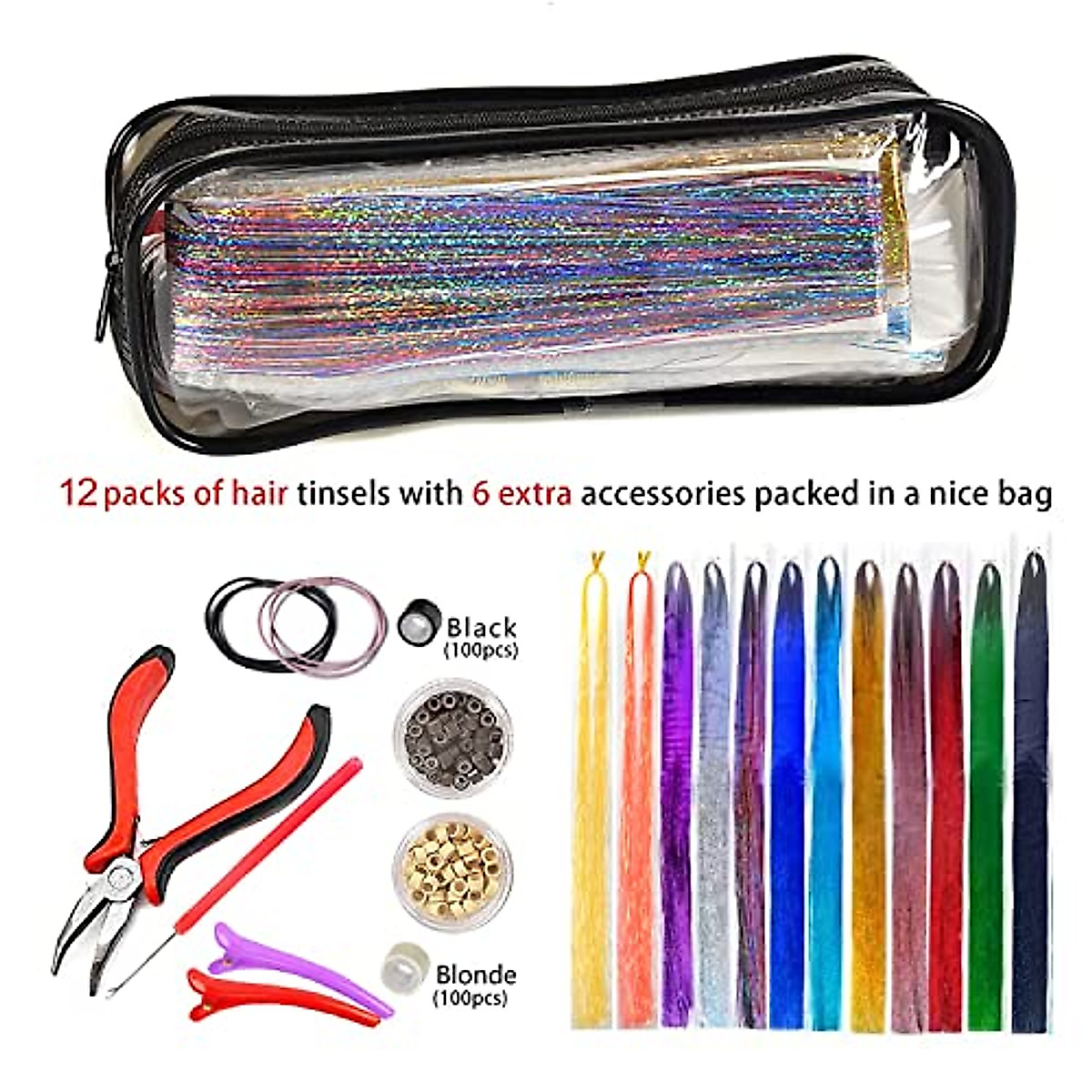 Hair Tinsel Kit, 12 Colors Tinsel Hair Extensions with Tools, Glitter Fairy Hair Sparkingly Hairpiece for Party Halloween Christmas New Year