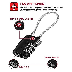 NAGE 3-Digit Cable Lock, TSA Approved Luggage Locks for Suitcase, Gym Lockers, Travel Baggage (2 Pack, Black)