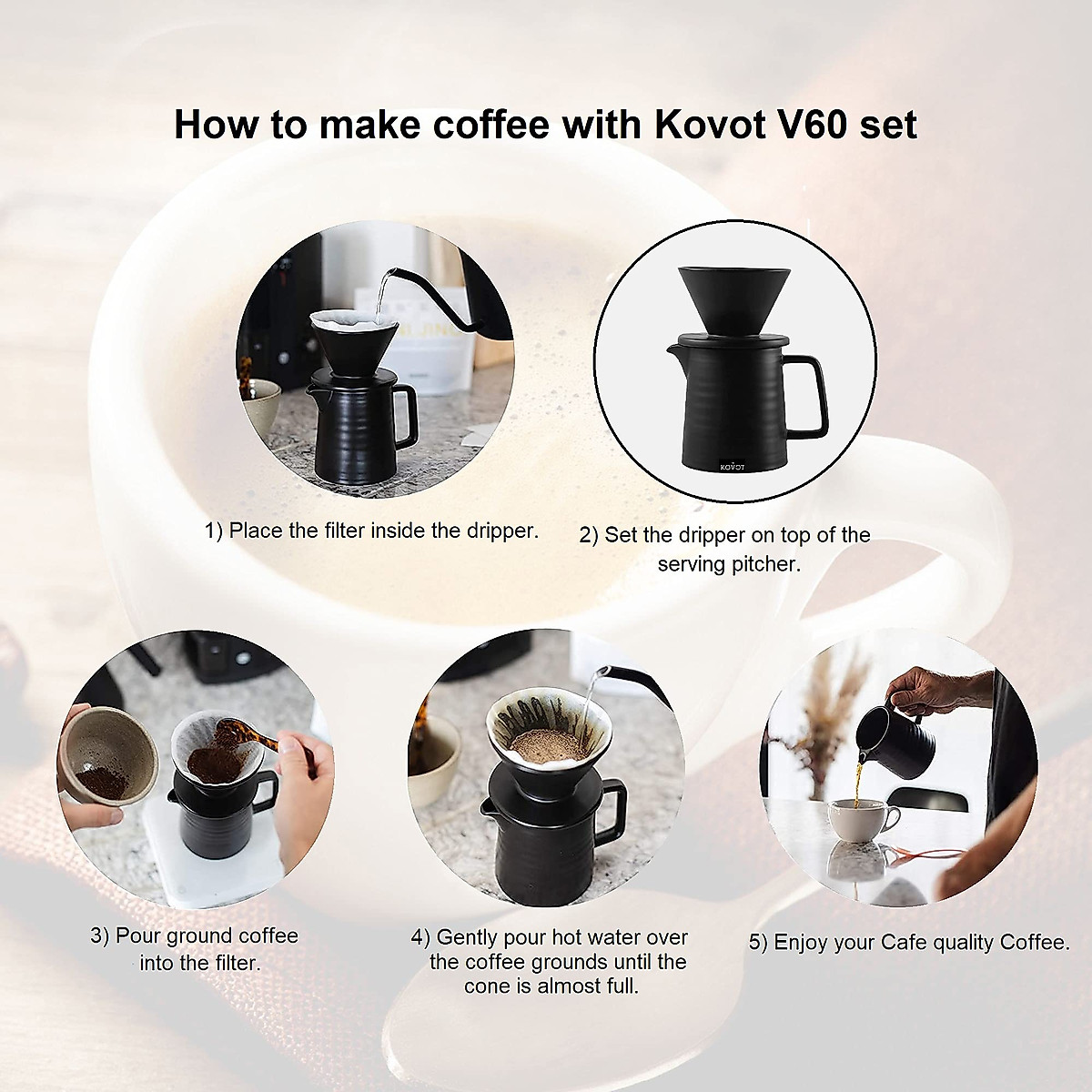 Kovot Pour Over Coffee Maker Set, Premium Ceramic Dripper for 1-2 Cup & 15 ounce Serving Pitcher, Home Filter Coffee Maker (White)