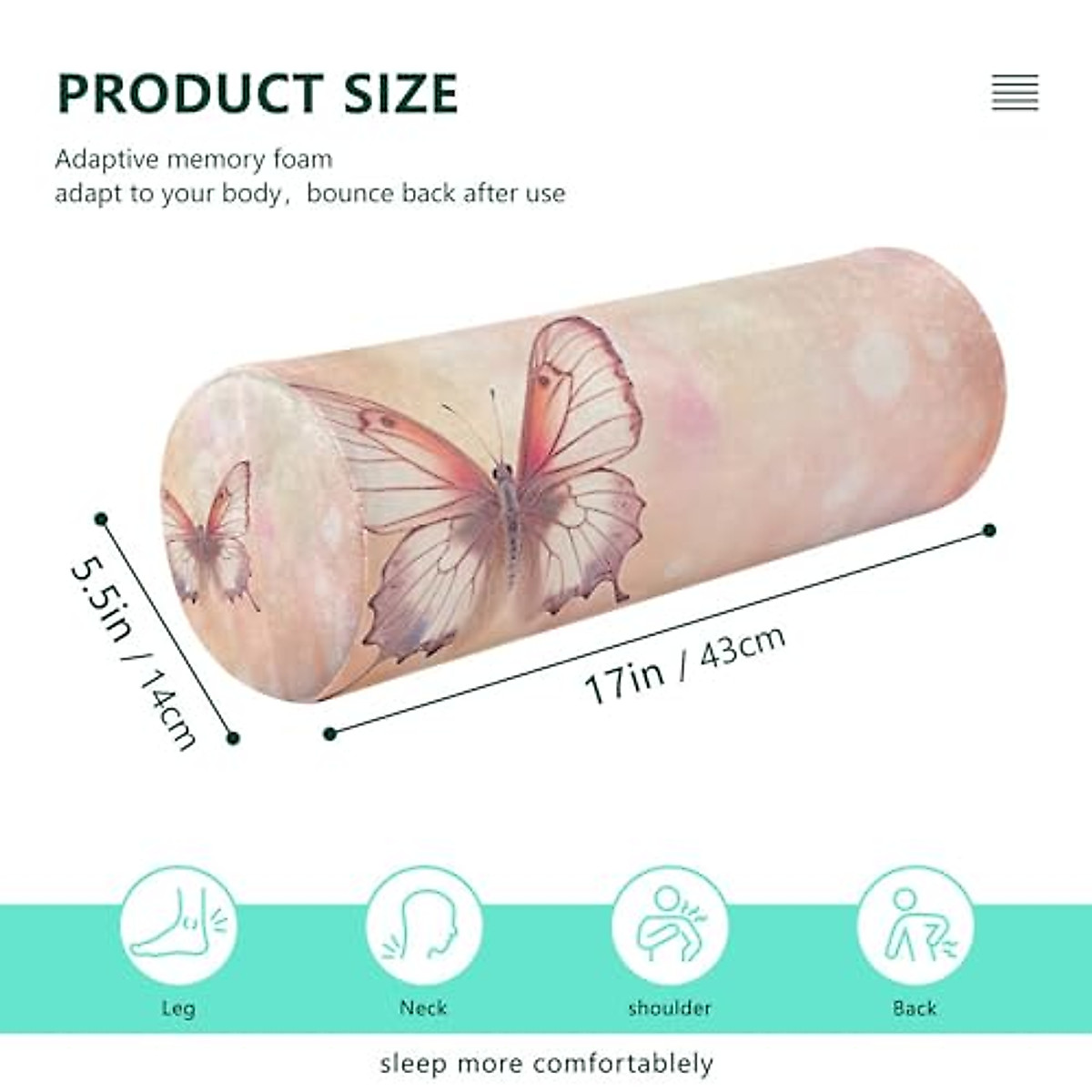 xigua Colorful Butterfly Neck Roll Pillow for Neck Relief with Removable Washable Cover - Memory Foam Round Cylinder Bolster, Ergonomically Designed for Head, Neck, Back, and Legs