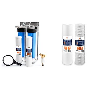 2-Stage 20" Whole House Big Housings Blue Color Filtration System by Aquaboon+Freestanding Steal Frame & Set of 2 Cartridges