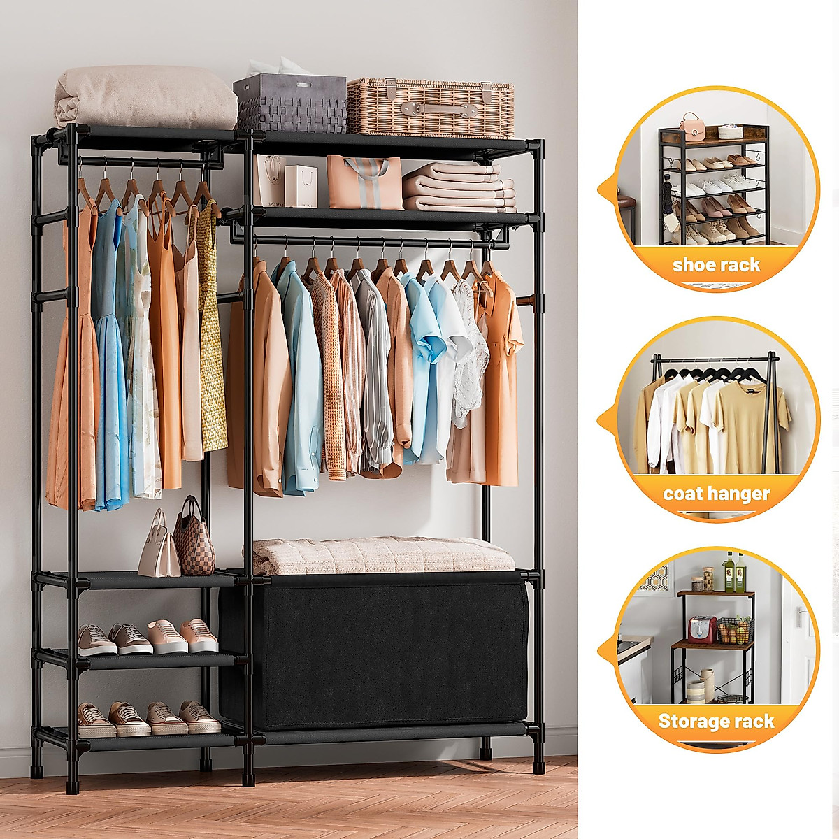 Raybee Clothes Rack, Clothing Racks for Hanging Clothes with Large Storage Bag, Garment Rack for Bedroom, Entryway and Walk-in closet, 16.2" D x 42" W x 67.5" H, Black