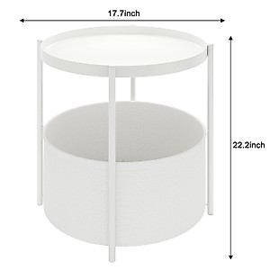 Fixwal Round Side Table with Fabric Storage Basket, Metal Small Bedside Table Nightstand with Removable Tray for Living Room, Bedroom, Nursery, Laundry, White