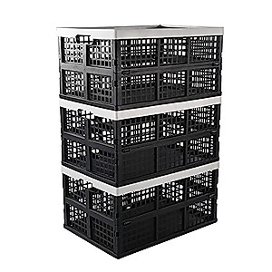 Minekkyes 3-Pack Plastic Collapsible Storage Bin/Container, 42 L Large Folding Basket Crates, Black