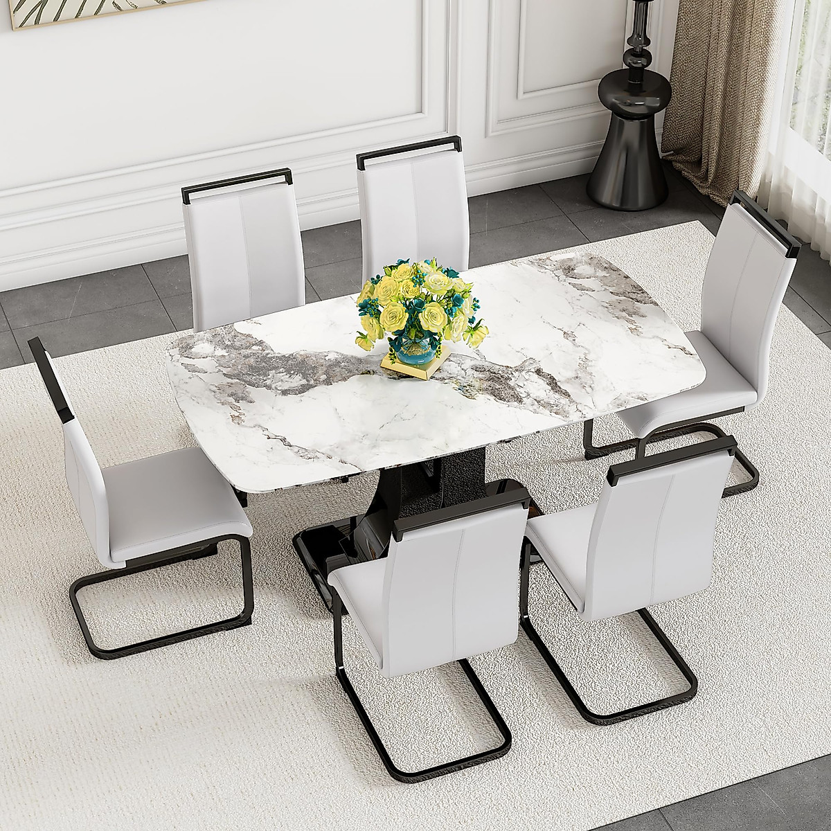 Pvillez 63" White Faux Marble Dining Table, Modern Kitchen Table for 4 6 People, Rectangular Dinner Room Table Marble Sintered Stone Top & Black Curved X Shape Pedestal Table for Dining Room Kitchen