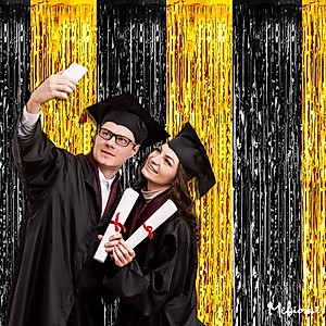 4 Pack 3.2Ft x 6.6Ft Black and Gold Fringe Curtain Backdrop, Metallic Tinsel Foil Fringe Streamers Curtains Background for Photo Booth Birthday Wedding Graduation Carnival Party Decorations