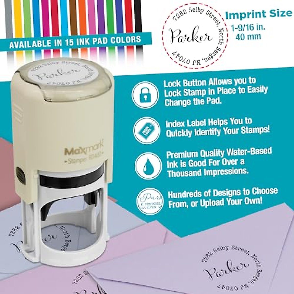 Monogram Address Stamp - Personalized Self Inking Rubber Stamp - Style 037 - with Locking Bottom Cover- Choose from 15 Ink Colors