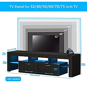 LMEREODY Modern LED TV Stand for 55/60/65/70/75+ inch TV, High Glossy Entertainment Center with LED Lights, Gaming Media Console TV Stand with Storage, Black Wood TV Table for Living Room, Bedroom