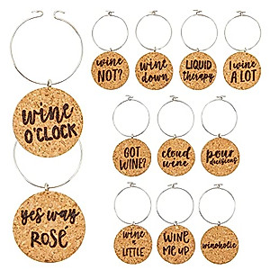 Juvale 12-Pack Funny and Humorous Wine Charms for Stem Glasses, 1-Inch Cork Drink Marker Tags with Gift Box for Dinner Party, Birthday Party Favors, 12 Assorted Designs