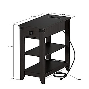 HOSEOKA Narrow End Table with Charging Station, Farmhouse End Table with USB Ports and Outlets for Small Space, Slim Sofa Side Table with Storage Drawer for Living Room Bedroom, Espresso