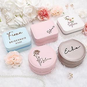 Party-rainday Bridesmaid Proposal Gifts Custom Leather Jewelry Box, Birth Flower Travel Jewelry Case Ring Box, Personalized Jewelry Organizer (Champagne)