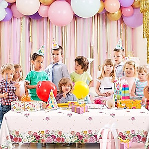 QUERICKY 4 Pack Floral Tablecloths for Birthday, Plastic Rectangle Pink Flower Tablecovers for Tea Party Supplies, Baby Showers, Wedding, Bridal Shower, Birthday, 51x87''
