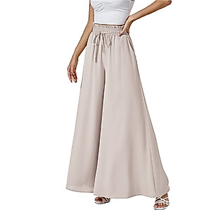 LYANER Women's Drawstring Elastic High Waisted Wide Leg Palazzo Pants Loose Casual Trousers Beige X-Large