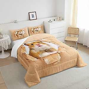 Erosebridal Hamster Comforter Set Twin Size Brown Mouse Bedding Set 3D Cute Animal Down Comforter Kawaii Pet Bedroom Decor Warm Soft Quilt Set for Kids Boys Girls Teens