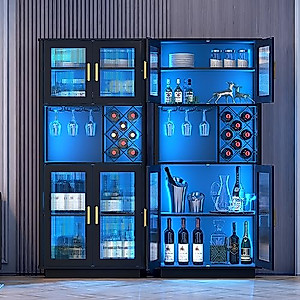LVSOMT LED Wine Bar Cabinets with Removable Wine Rack, Bar Cabinets for Liquor with Light Motion Sensor, Kitchen Cabinet Storage for Dinning Room, Living Room (Black)