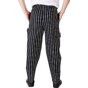Men’s Classic Multi Pocket Baggy Chef Pant Black White Stripe Cargo Style Chef Uniforms L