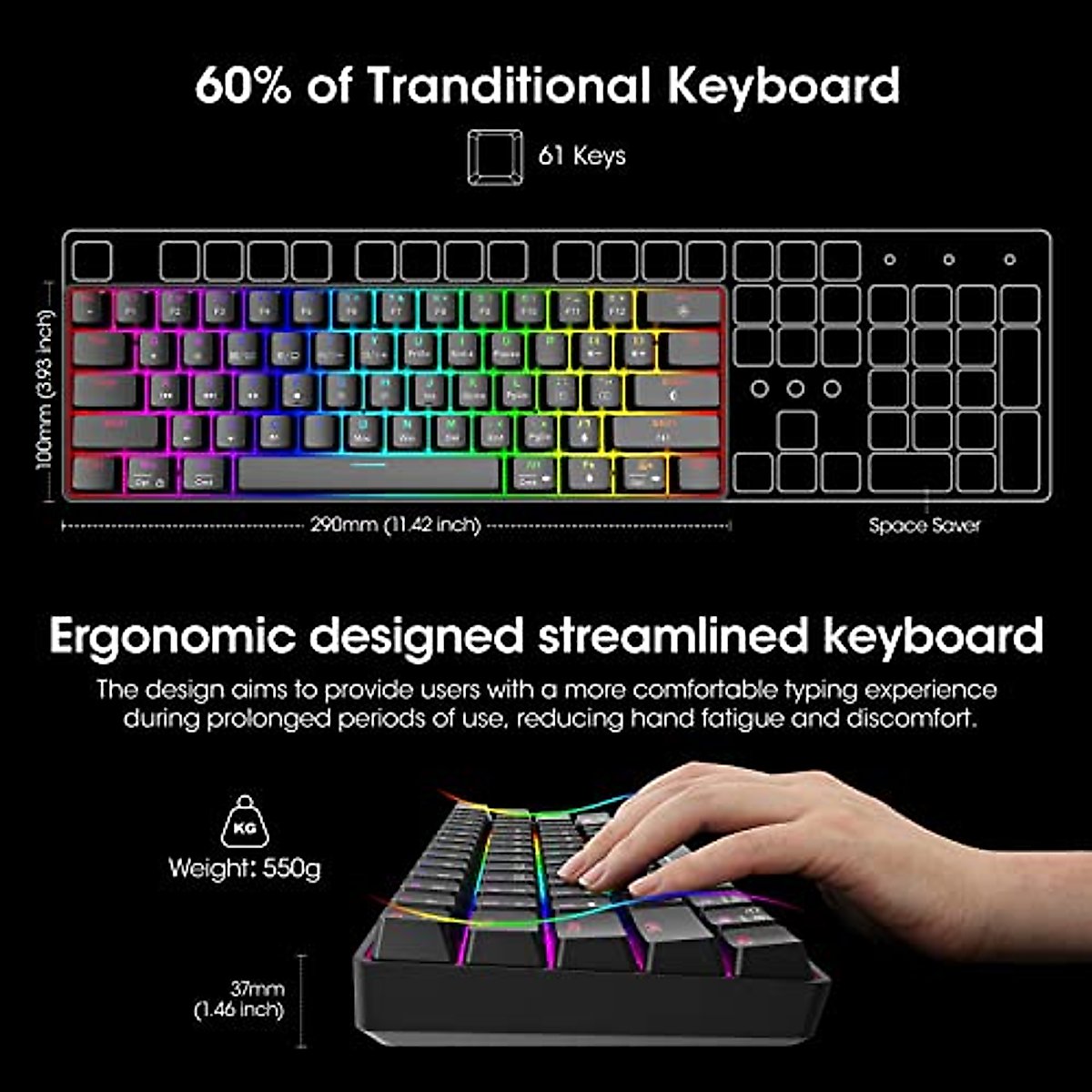 KOORUI 60% Gaming Keyboards, 61 Keys Wired Ultra-Compact Mechanical Keyboard 26 RGB Backlit with Red Switch Mini Keyboards for Windows MacOS Linux