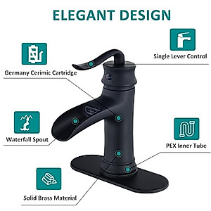 Matte Black Bathroom Sink Faucet Single Hole Waterfall One Handle for Vanity with Brass Pop Up Drain by Yodel Faucet