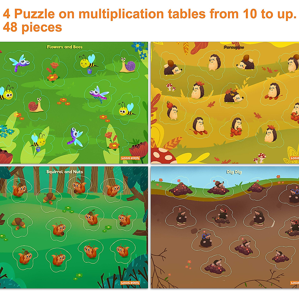 Logic Roots Math Puzzle for Kids - Multiplication Table 10-12 Practice, Fun STEM Toy for 7-8 Year Olds, 4 Foam Puzzles with 10 Pieces Each, Learning Gift for Kids, Homeschoolers, Grade 1 and Up