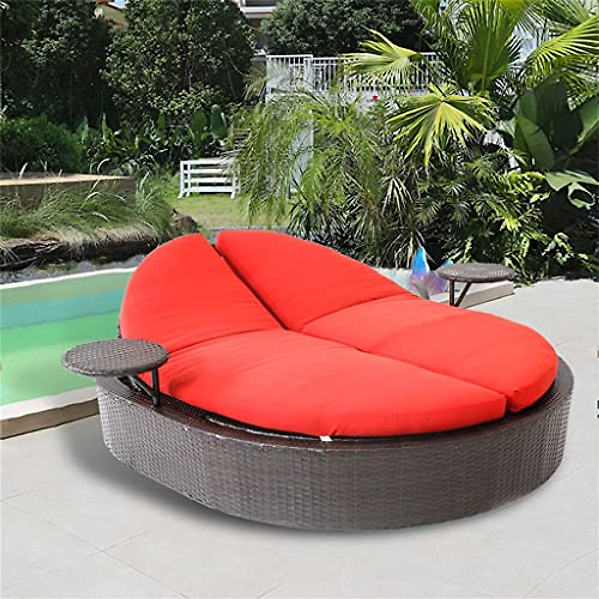 QUUL Outdoor Furniture Sofa PE Rattan Aluminum Frame Double Bed Oval Sofa Bed Lying Camping Chair